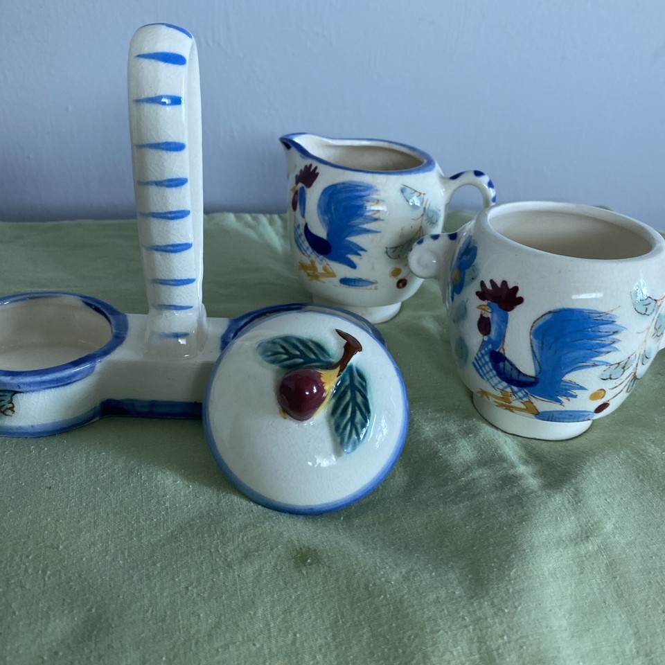 VTG Nasco Blue Rooster Sugar Bowl Creamer Caddy Set Japan | eBay