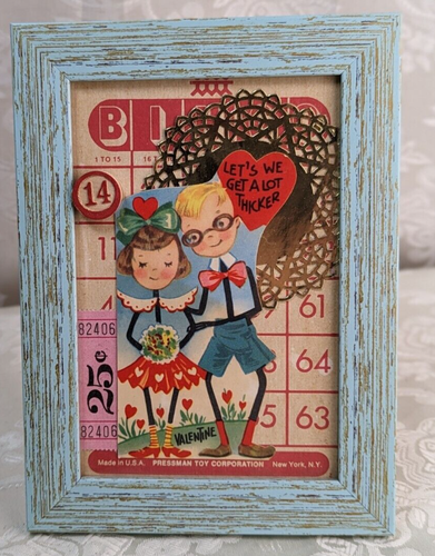 Handmade Framed Decor made with Vintage Valentine Card, Bingo Card ...