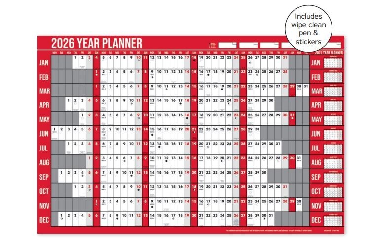 A1 Full Year Wall Commecial Planner Calendar 2026 Organizer With Pens ...