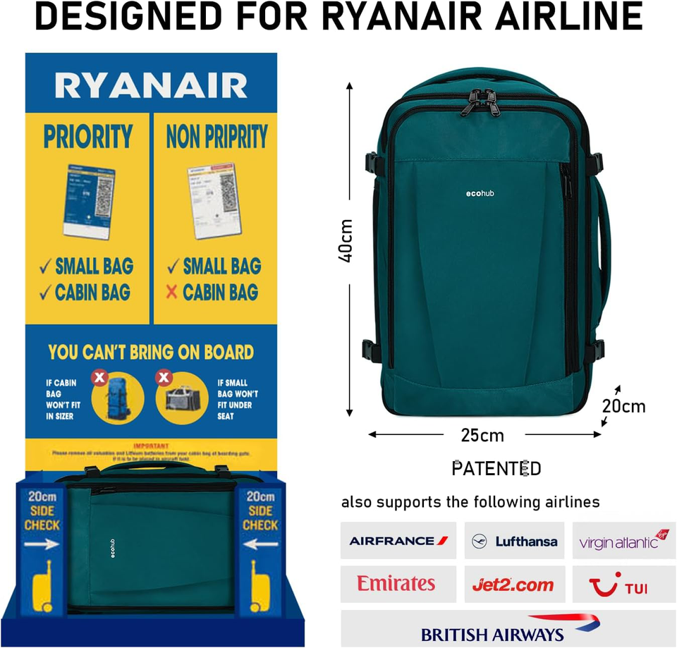 ECOHUB Ryanair Cabin Bag 40x20x25 Underseat Travel Bag 13 Pockets Hand ...