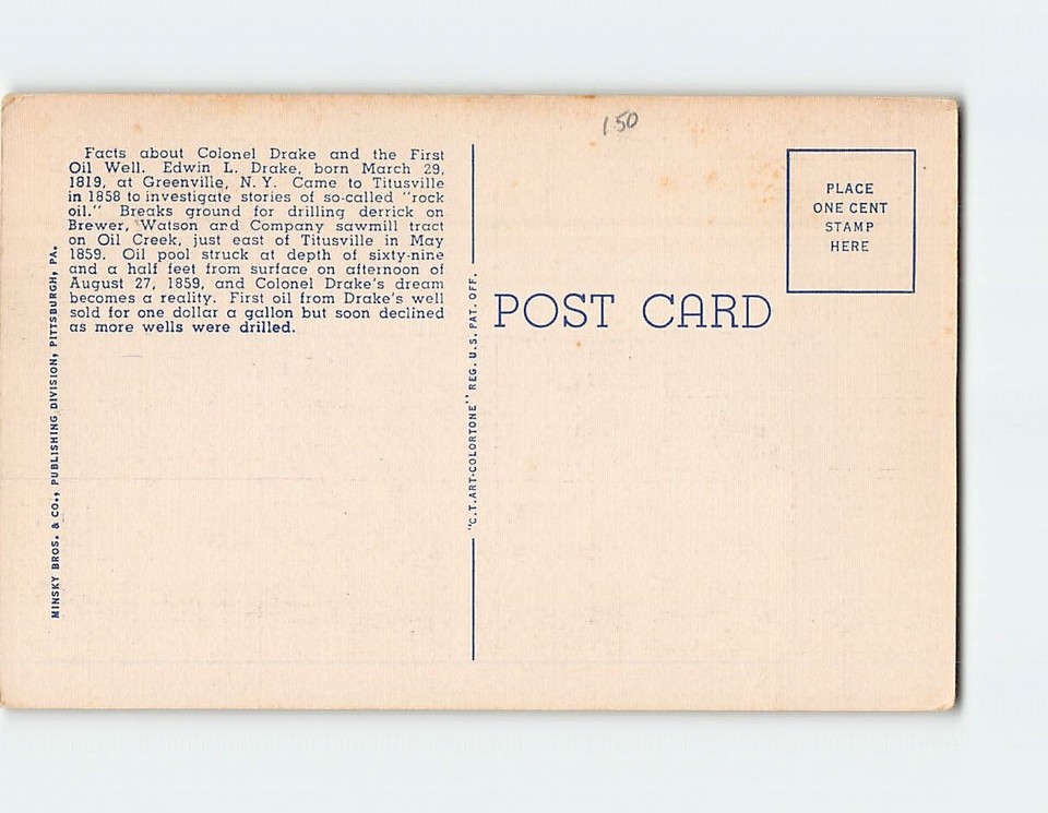 Postcard Col. Drake Monument Drake Memorial State Park Pennsylvania USA ...