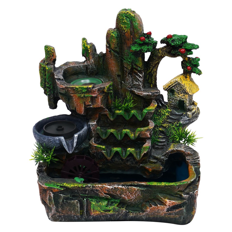 Desktop Fountain Rock Waterfall Humidifier with Artificial Tree and LED ...