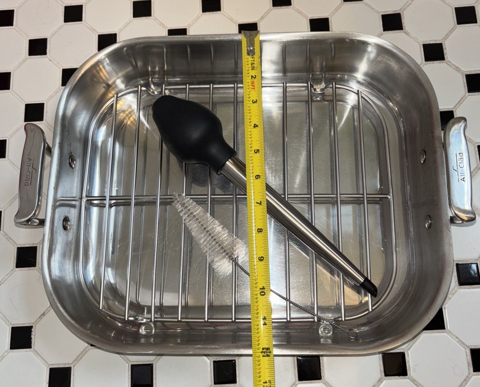 ALL-CLAD STAINLESS STEEL ROASTER w/RACK and BASTER 14 x 12 | eBay