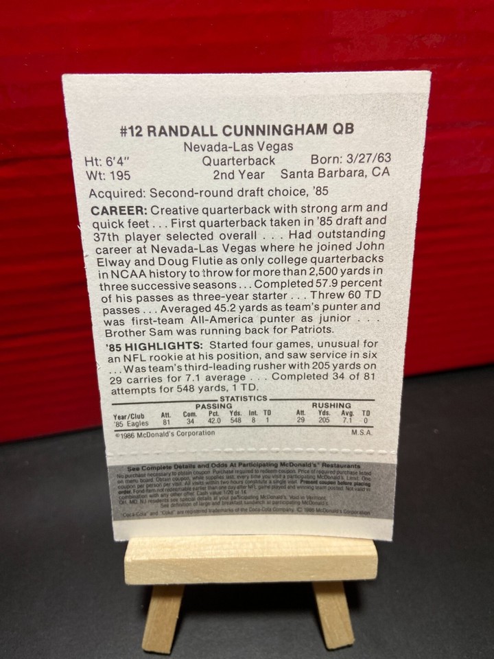 1986 McDonald's Eagles Black Tab #12 Randall Cunningham pre rookie ...