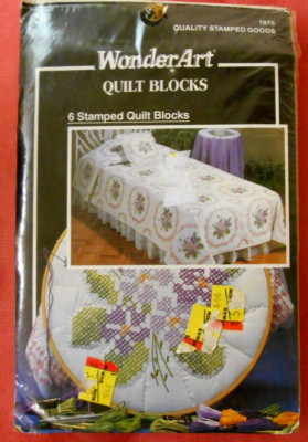 WonderArt 6 Stamped Cross Stitch Quilt Blocks Violets 1975 Sealed #1975 ...