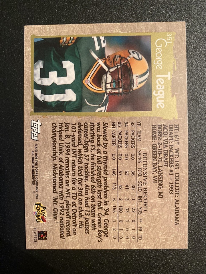 1996 Topps George Teague #351 Green Bay Packers | eBay