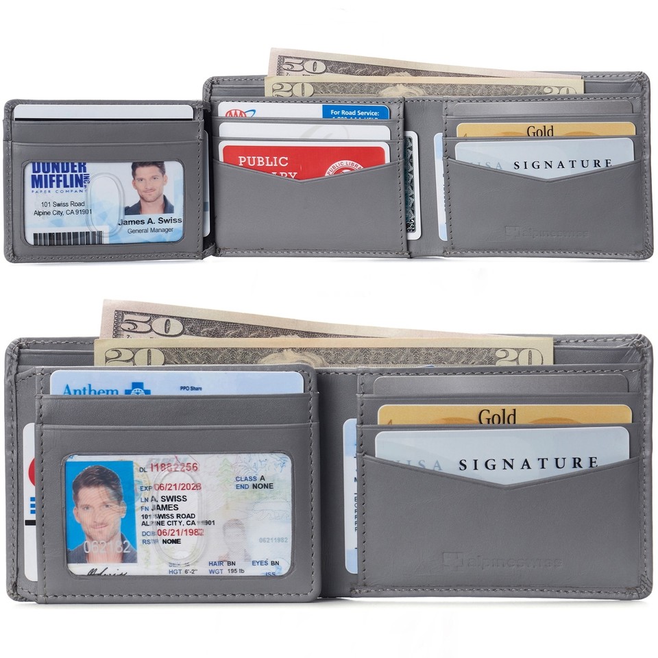 Alpine Swiss Mens Leather RFID Wallet 2 ID Windows Bifold Divided Bill ...