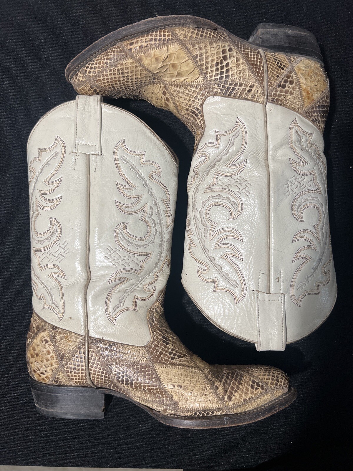 Authentic Mexican Vintage Cream And Tan Snake Skin Cowboy Boots. Botas ...