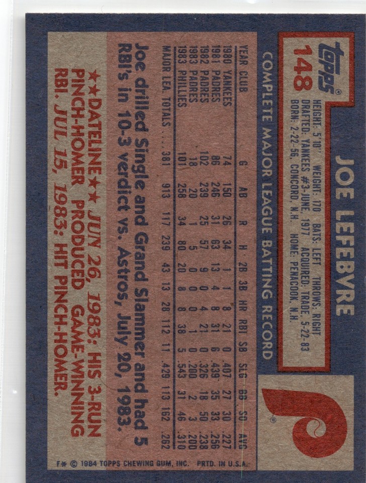 1984 Topps #148 Joe Lefebvre Philadelphia Phillies MLB Vintage Baseball ...