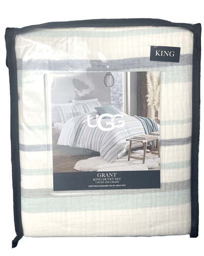 UGG Grant Luxury 3 Piece Duvet Cover Set 100% Cotton Sky Aqua Stripe ...