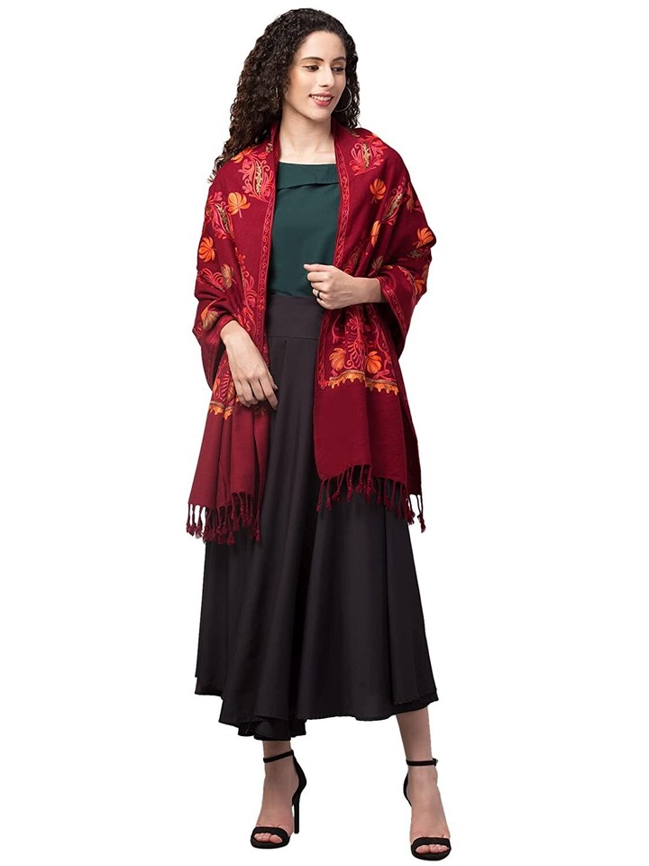 Women's Floral Motif Aari Embroidery Woolen Stole Shawl Wrap Maroon 28 ...