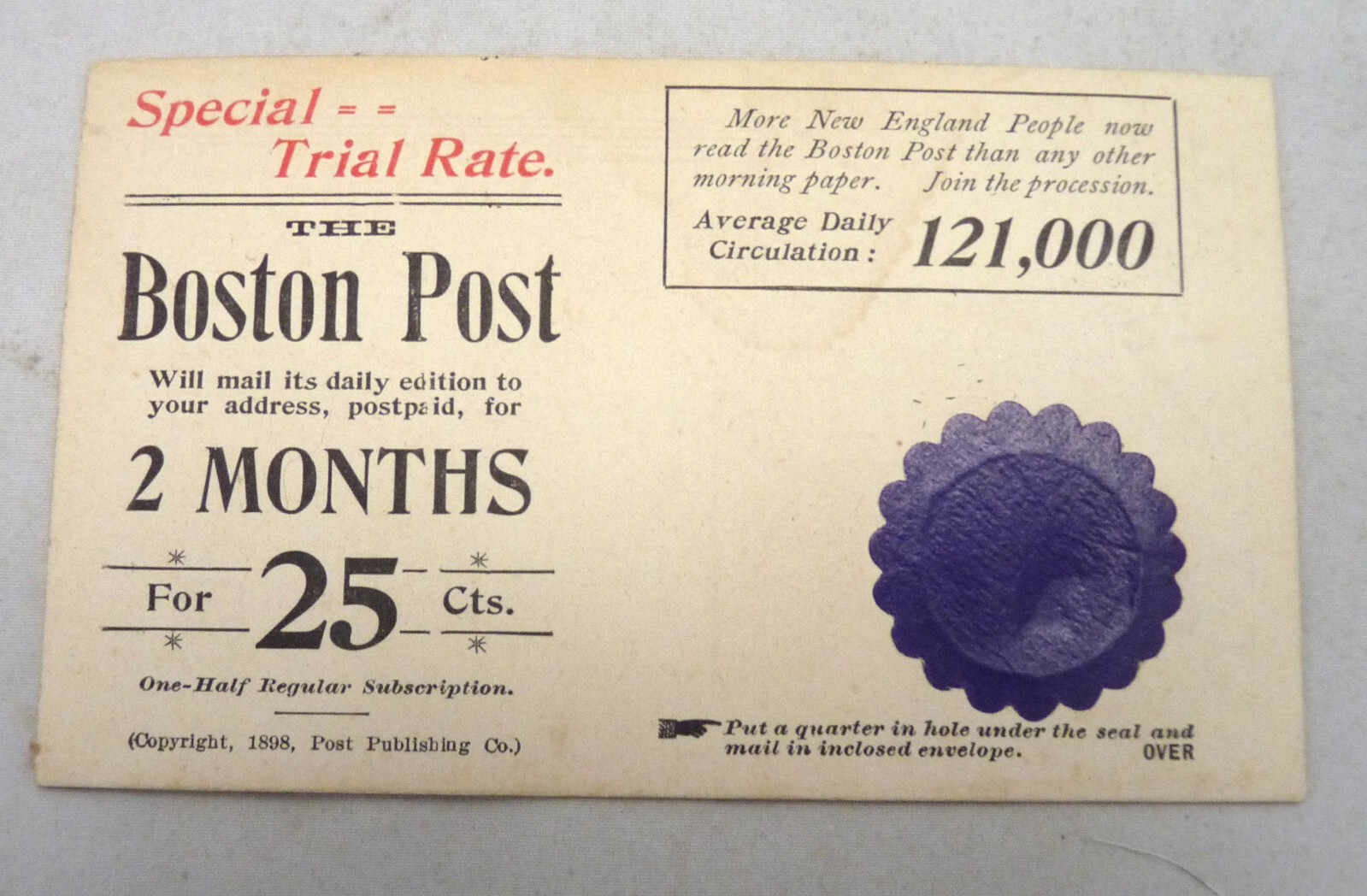 Antique Boston Post newspaper advertising card 1898 quarter rate ...