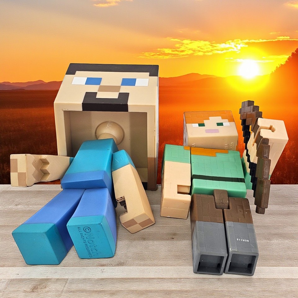 Minecraft Figure Lot Alex Holding Bow & Steve Mojang Notch Ball Jointed ...