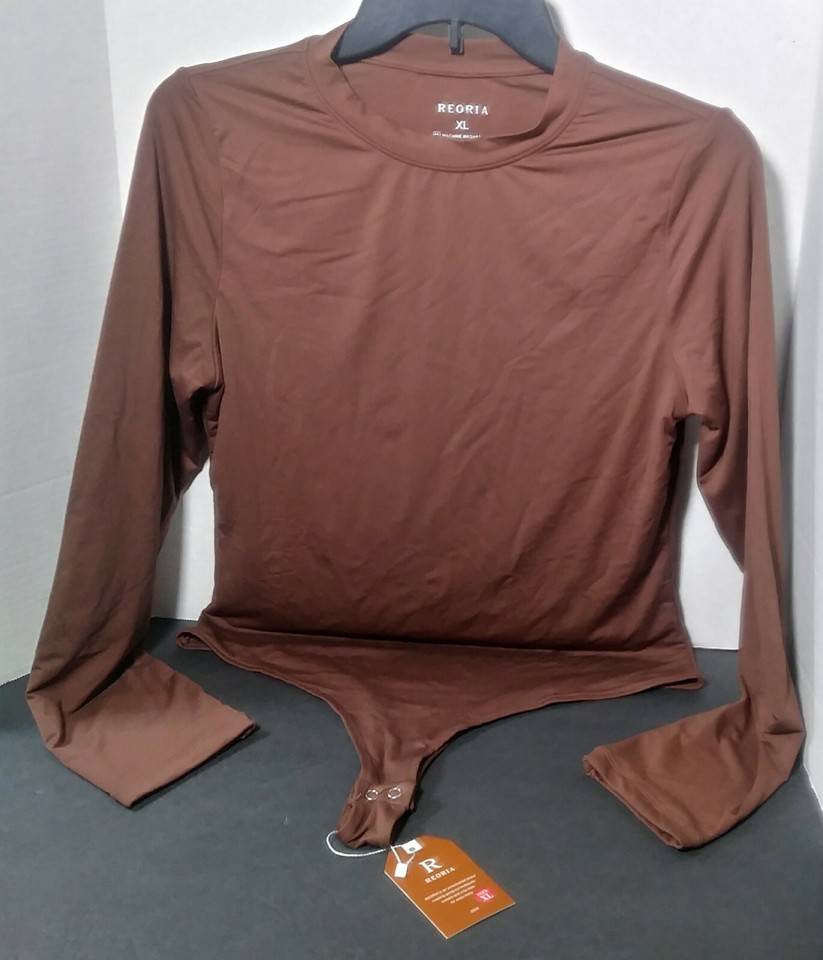 REORIA Women's XL Coffee Bodysuit One-Piece Crew Neck Long Sleeve Form ...