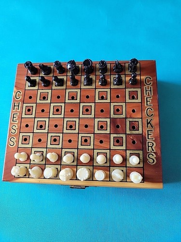 Mini Wooden Chess & Checkers Set~Folding For Travel W/Plastic Pieces ...