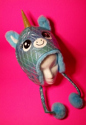Unicorn Fleece Lined Warm Winter Beanie Hat With Ear Flops Pom Poms ...
