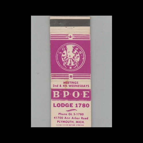 Matchbook Cover BPOE Elks Lodge 1780 Plymouth MI #5 | eBay
