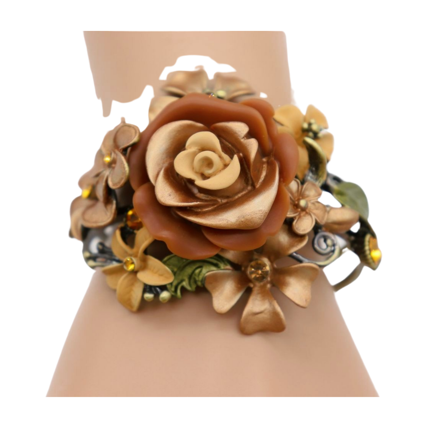 Women Gold Metal Beige Brown Rose Flowers Wrist Cuff Bracelet Prom ...
