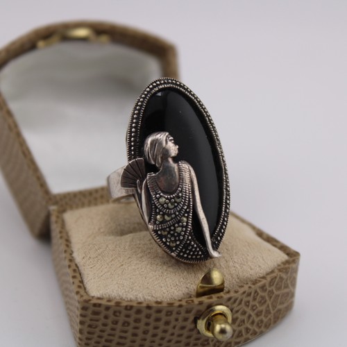 12316 Vintage Silver Ornate Onyx 1960s Lady Figure Cocktail Ring Size Q ...