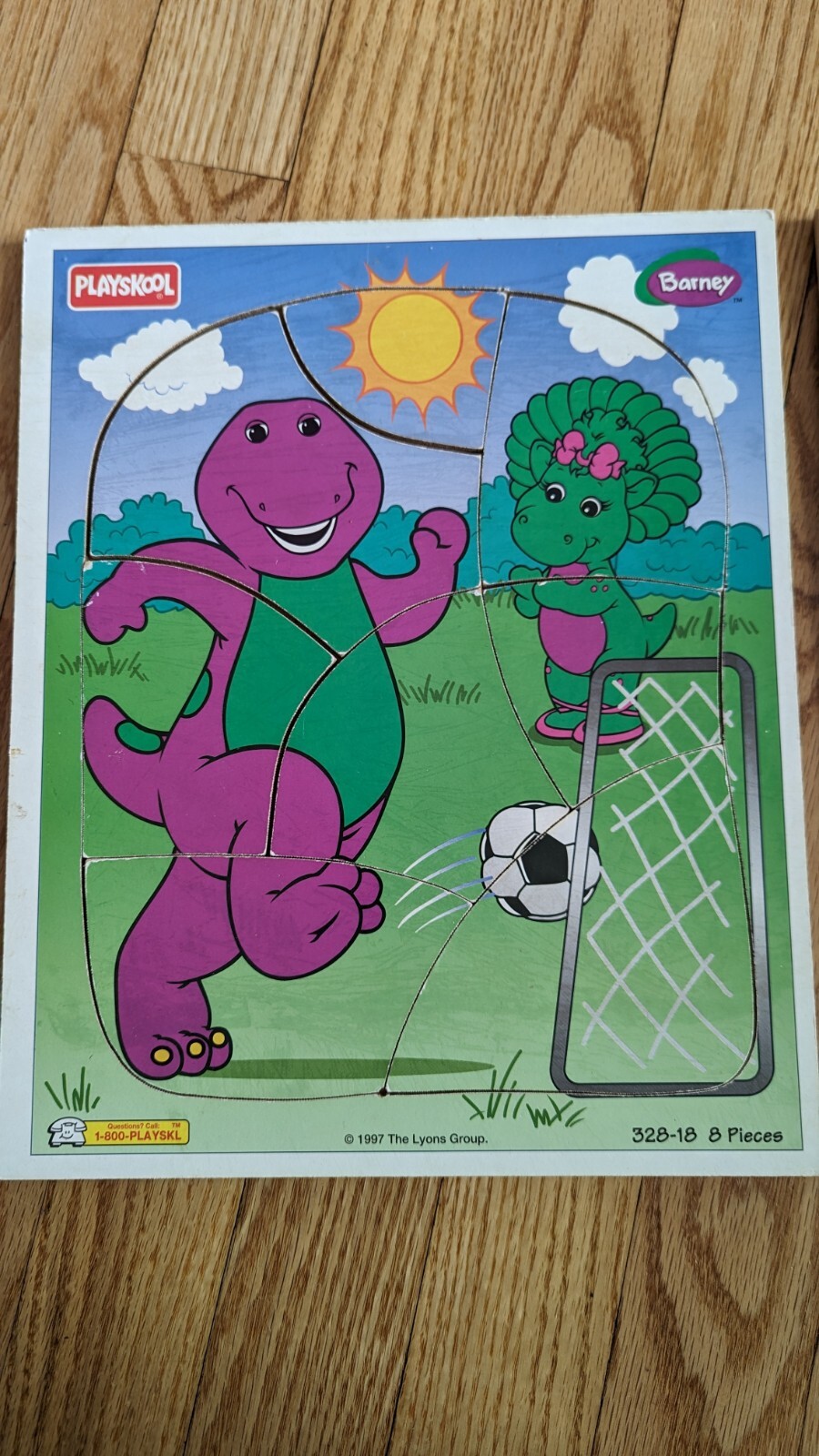 Vintage Playskool Barney Wooden Puzzle 1997 Playing soccer with Baby ...