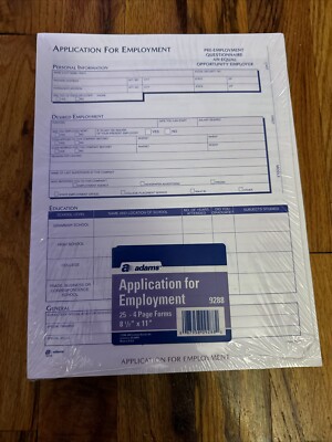 NEW SEALED Adams Application for Employment, 8 1/2" x 11", Pack of 25 ...