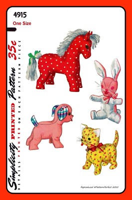 STUFFED Animals DOG CAT RABBIT HORSE Toy Simplicity 4915 VTG Craft Sew ...
