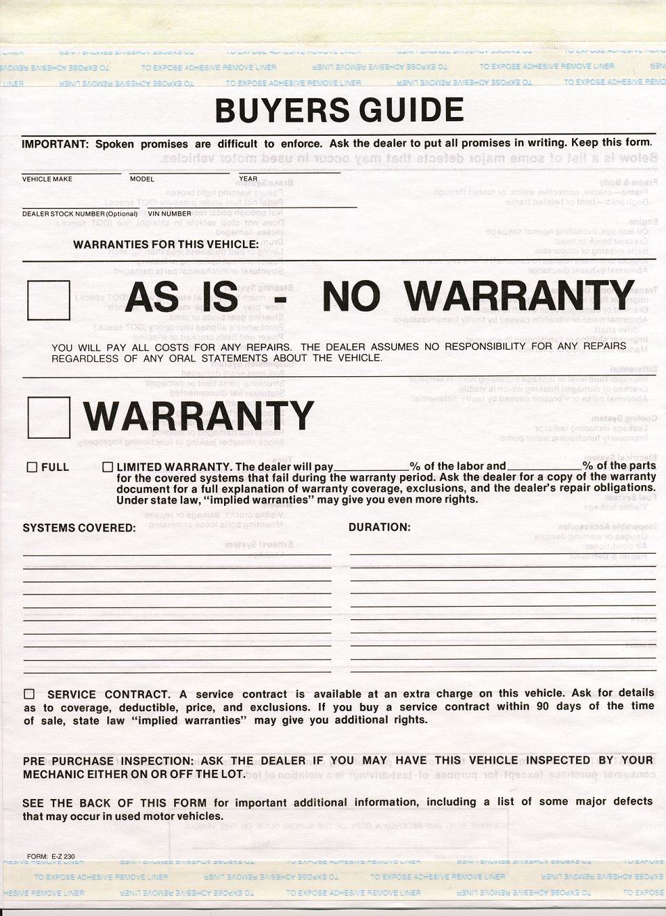 Auto Dealer Buyers Guide Forms, AS IS, 300 count, Car Lot Forms, Car ...