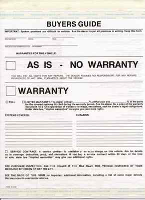 Auto Dealer Buyers Guide Forms, AS IS, 300 count, Car Lot Forms, Car ...