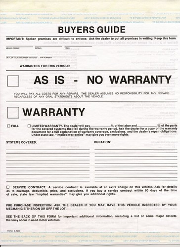 Auto Dealer Buyers Guide Forms, AS IS, 300 count, Car Lot Forms, Car ...