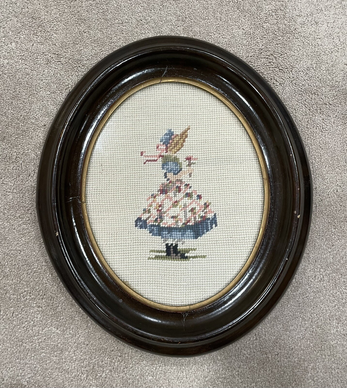 Pair of Antique Needlepoint Girls Oval Wooden Framed. Frame 11 1/2” X ...