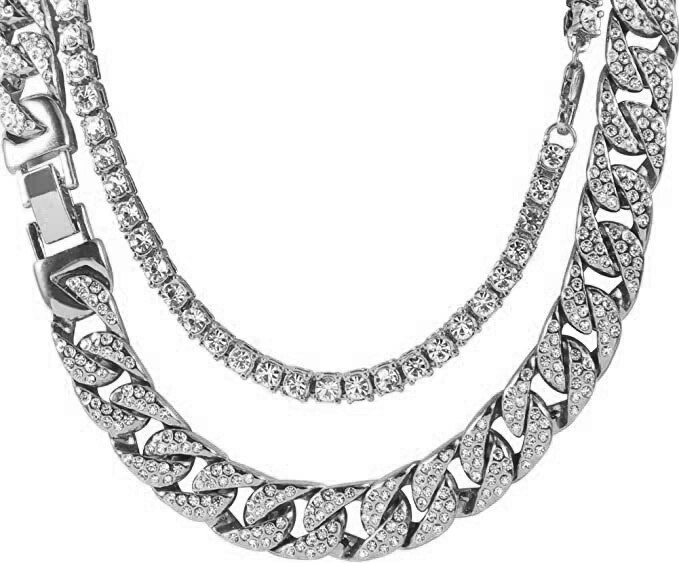 2PC Hip Hop Full Iced Cuban & 1 Simulated Diamond Row Tennis Chain ...