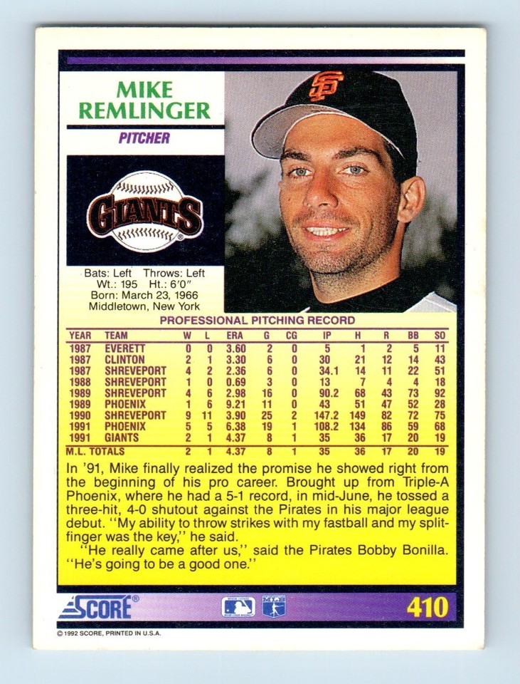 1992 Score Mike Remlinger San Francisco Giants #410 | eBay