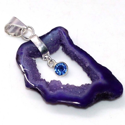 Trending Agate Geode Slice Blue Topaz Long Handmade Pendant 2.2" GW | eBay