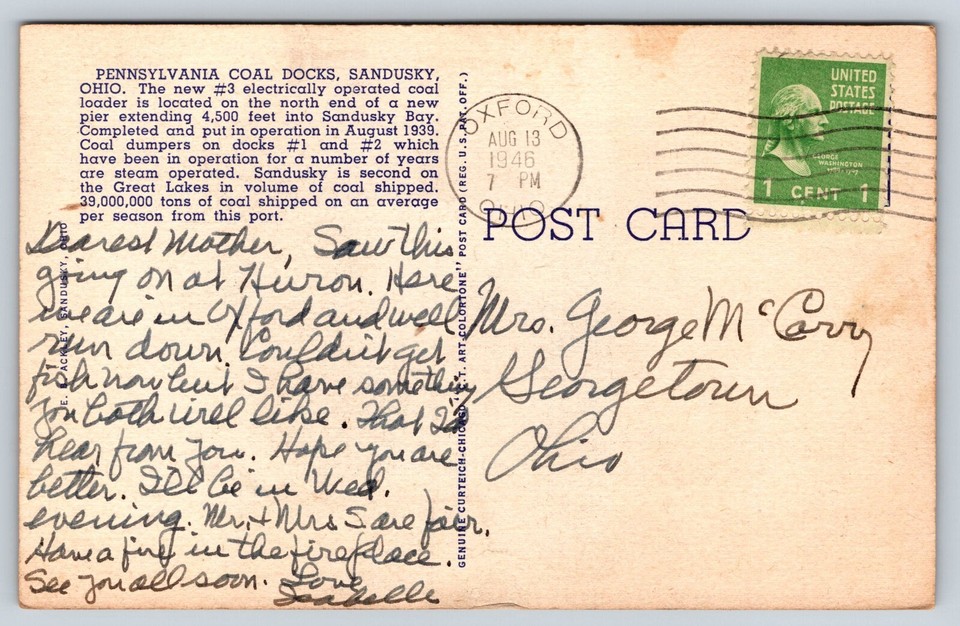 Postcard Sandusky, Ohio Pennsylvania Coal Dock Electrically Operated ...