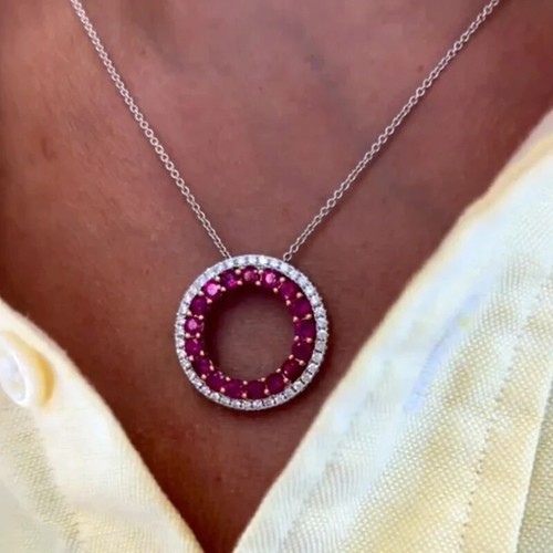 1Ct Round Cut Red Ruby Circle Halo Pendant 14K White Gold Finish 18 ...