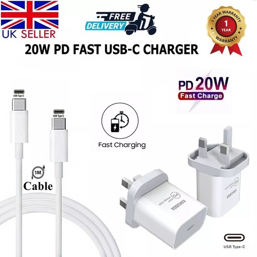 Super Fast PD20W Type-C Charger Plug Wall Mains Adaptor & Cable For ...