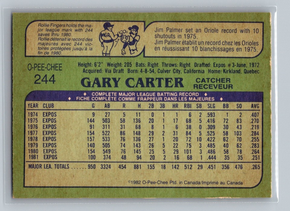 1982 O-Pee-Chee Gary Carter #244 - Montreal Expos - Canadian/French | eBay