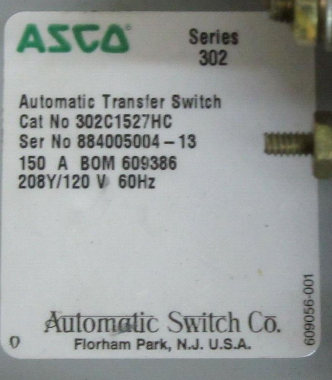ASCO AUTOMATIC TRANSFER SWITCH SERIES 302 302C1527HC 150 AMP 208/120 ...
