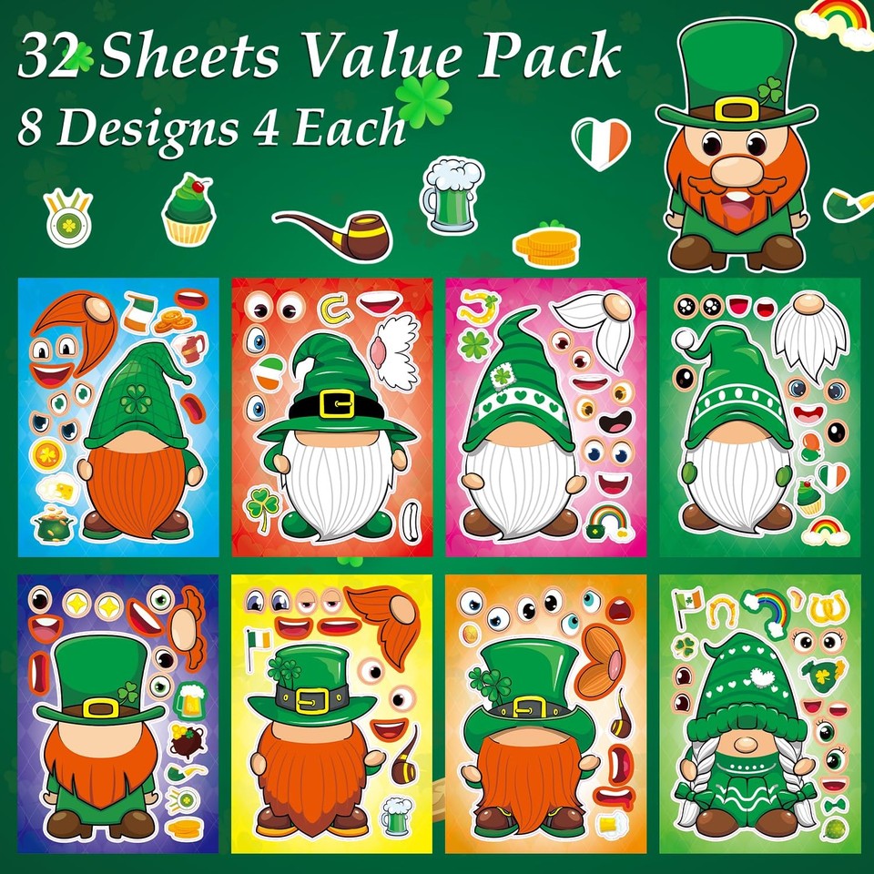 32 Sheets St Patricks Day Make A Face Stickers Saint Patricks Gnomes ...