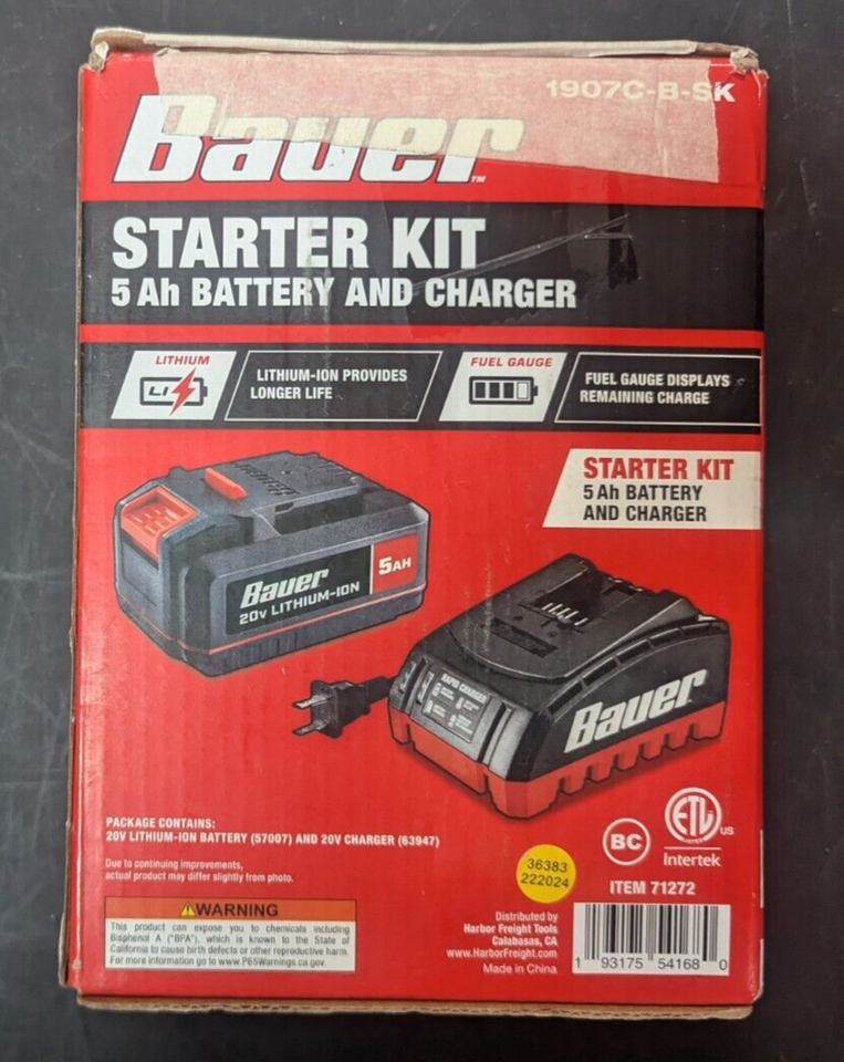 Bauer 20V Li-Ion 5.0Ah Battery & Charger Starter Kit 1907C-B-SK #71272 ...