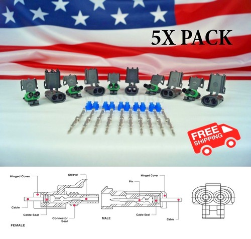Delphi Weather Pack 2 Pin Sealed Connector Kit 16-14 GA !!!5 COMPLETE ...