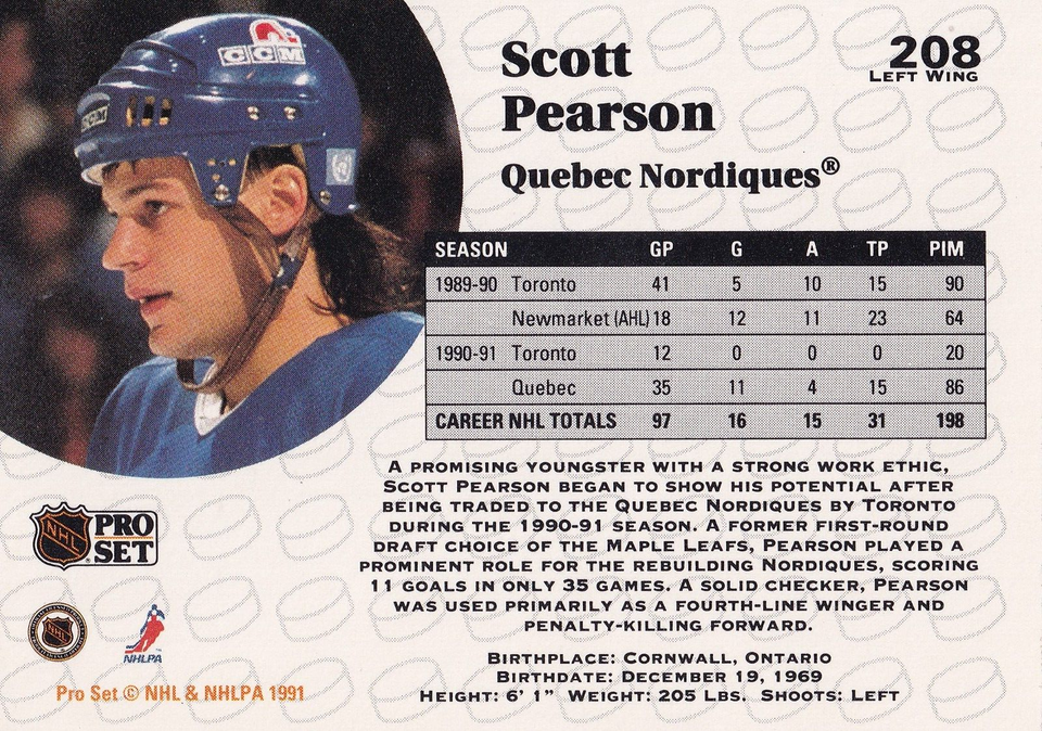 1991-92 Pro Set #208 Scott Pearson NHL Quebec + (Yes 4 Free Mystery ...