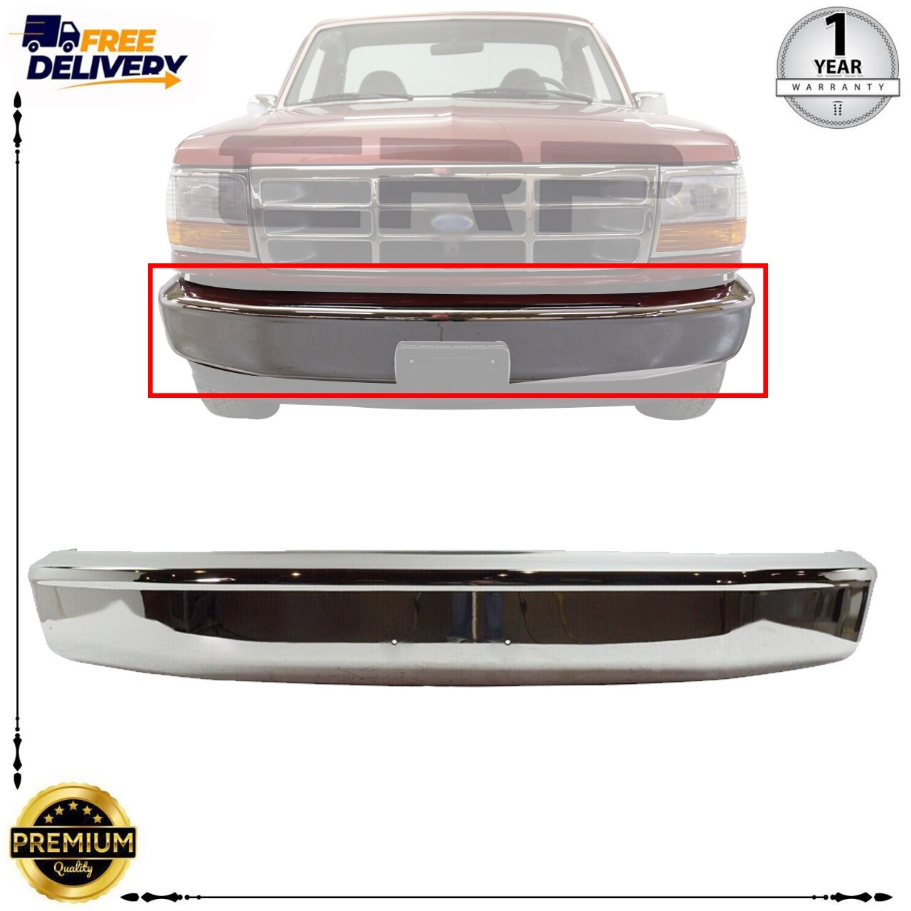 Front Bumper Chrome For 1992-1996 Ford F-Series FO1002236 F2TZ17757A | eBay