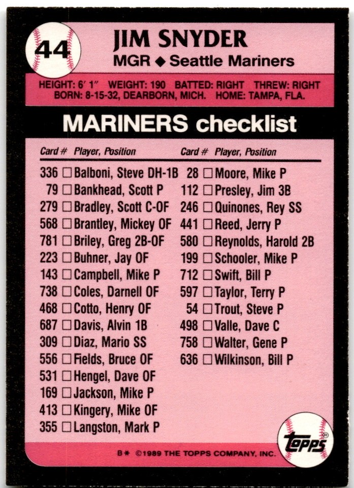 1989 Topps Tiffany Jim Snyder Seattle Mariners | eBay