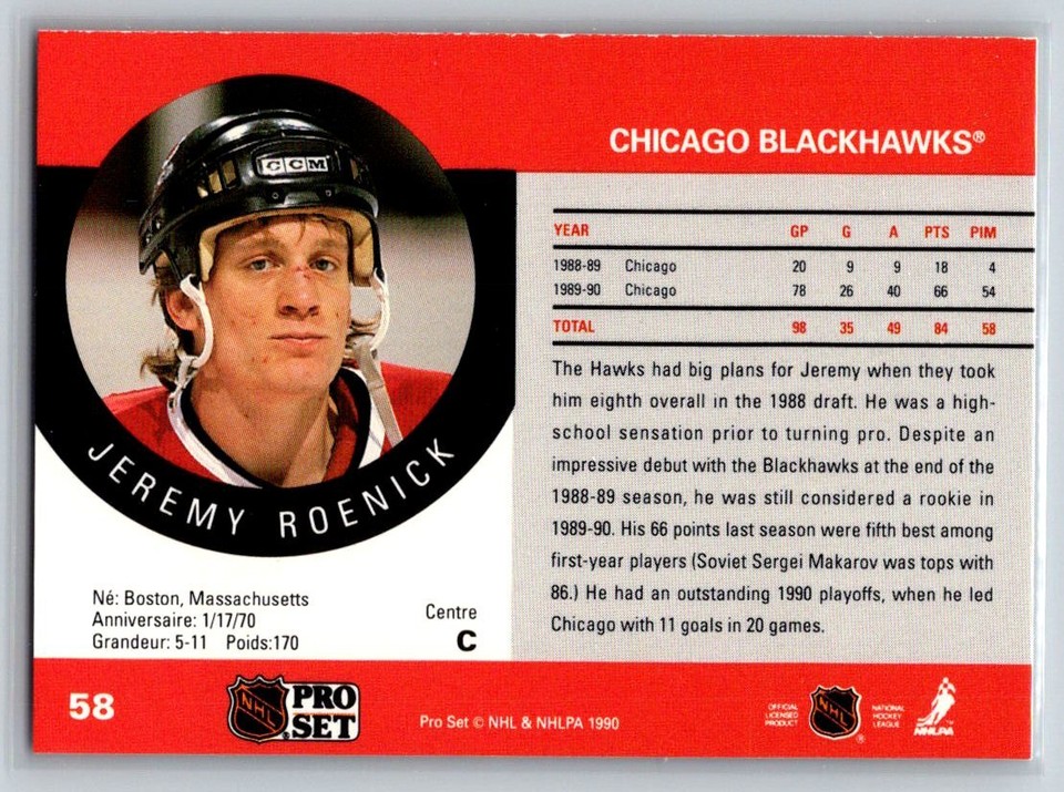 1990-91 Pro Set #58 Jeremy Roenick Chicago Blackhawks Rookie Hockey ...