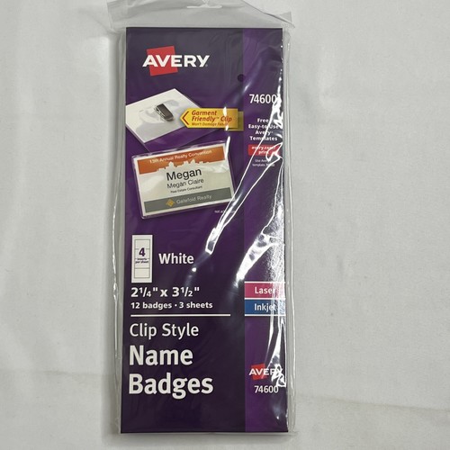 12ct AVERY NAME TAGS Clip Style Badges 2" x 3.5" 74600 Inserts tag ...