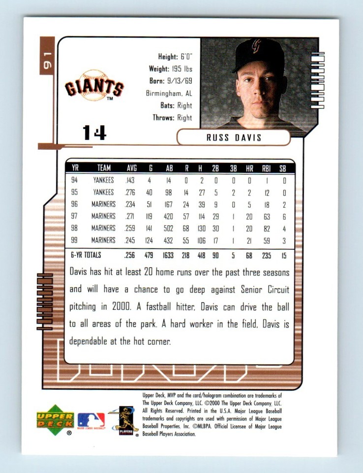 2000 Upper Deck MVP Russ Davis San Francisco Giants #91 | eBay