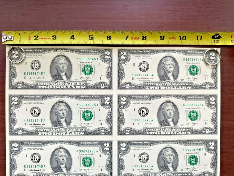 $2 Two Dollar Bills Uncut Currency Sheet - Two Columns of Four, 8 Notes ...