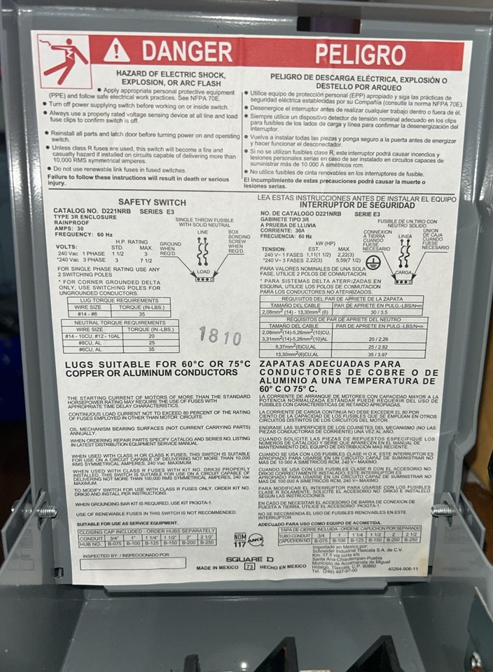 Square D D221NRB General Duty Safety Switch 240VAC 30A 2P.NEW!FREE ...