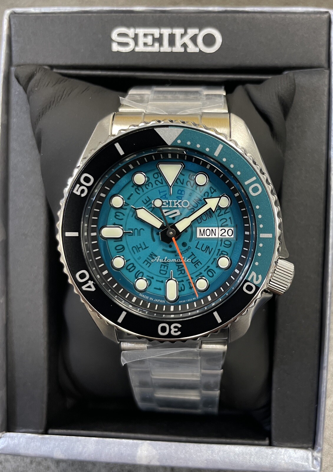 Seiko 5 Automatic Teal Transparent Dial Steel Bracelet Men's Watch ...